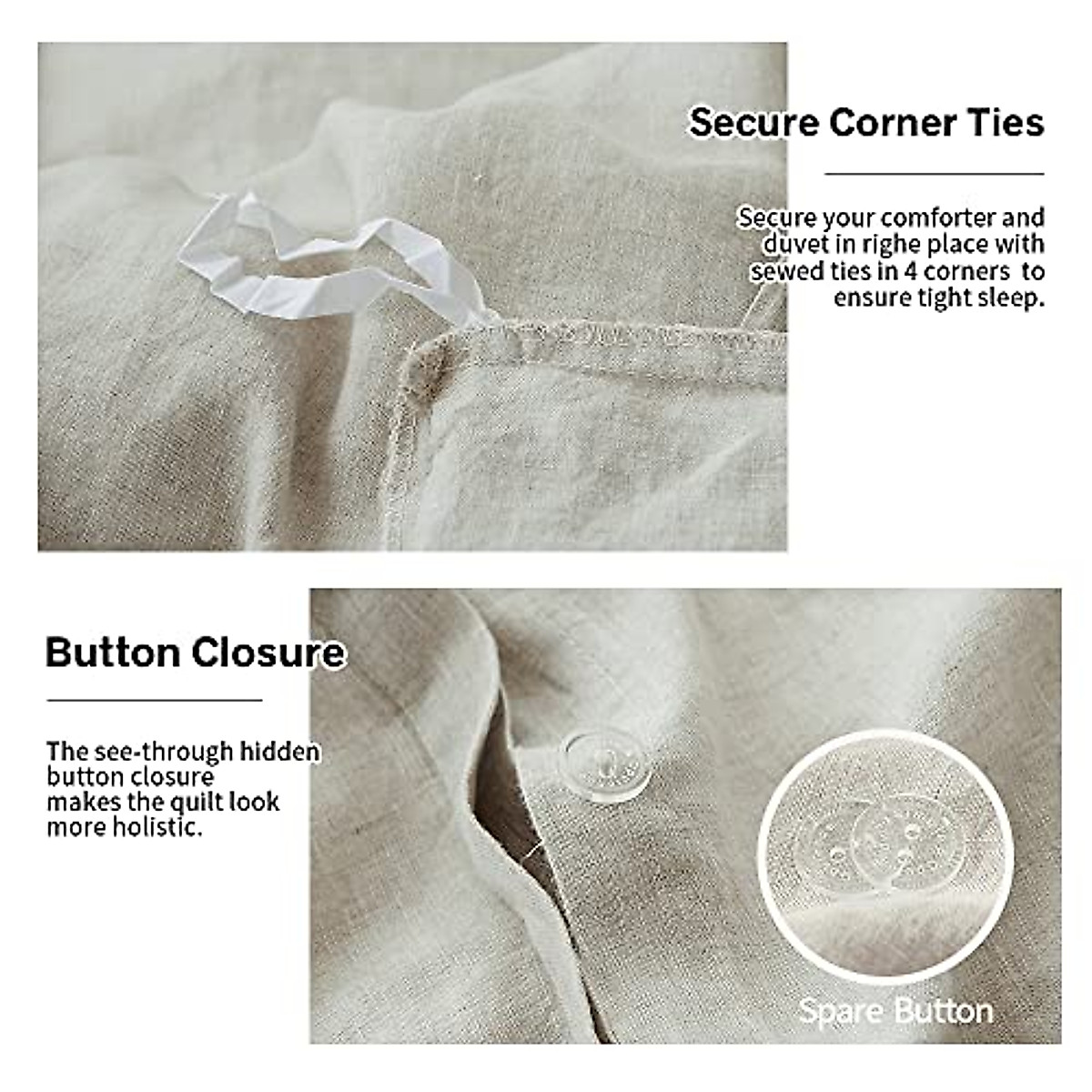 Simple&Opulence 100% Linen Duvet Cover Set with Washed-French Flax-3 Pieces Solid Color Basic Style Bedding Set-Breathable Soft Comforter Cover with 2 Pillowshams(King,Linen)