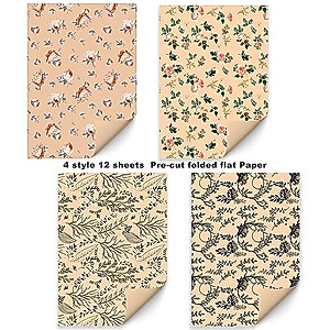 PlandRichW Wrapping Paper of Floral Design Folded Kraft Wrapping Paper 12 Sheets Recycled Gift Wrap for Birthday, Wedding, Holiday, Party, and Baby Shower Precut 20" X 29"