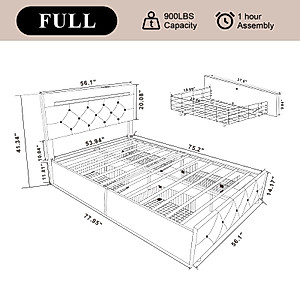Benevika Full Size Bed Frame with 4 Drawers and LED Light, Charge Station, PU Leather Upholstered Platform Storage Bed with Adjustable Headboard, Wooden Slats Support, No Box Spring Needed, White