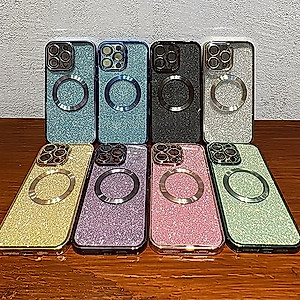 Hython for iPhone 14 Pro Case Glitter, Clear Magnetic Phone Cases with Camera Lens Protector [Compatible with MagSafe] Bling Sparkle Plating Soft TPU Shockproof Protective Cover Women Girls, Gold