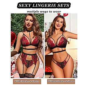 Avidlove Lace Garter Lingerie Set with Removable Choker Teddy Babydoll Strappy Bra and Panty Set (No Stockings) Black&red Large