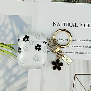 AIIEKZ Compatible with AirPods Case Cover, Soft TPU Case with Cute Flower Pattern for AirPods 2&1 Generation Case with Pendant Keychain and Carabiner for Girls Women (Black)