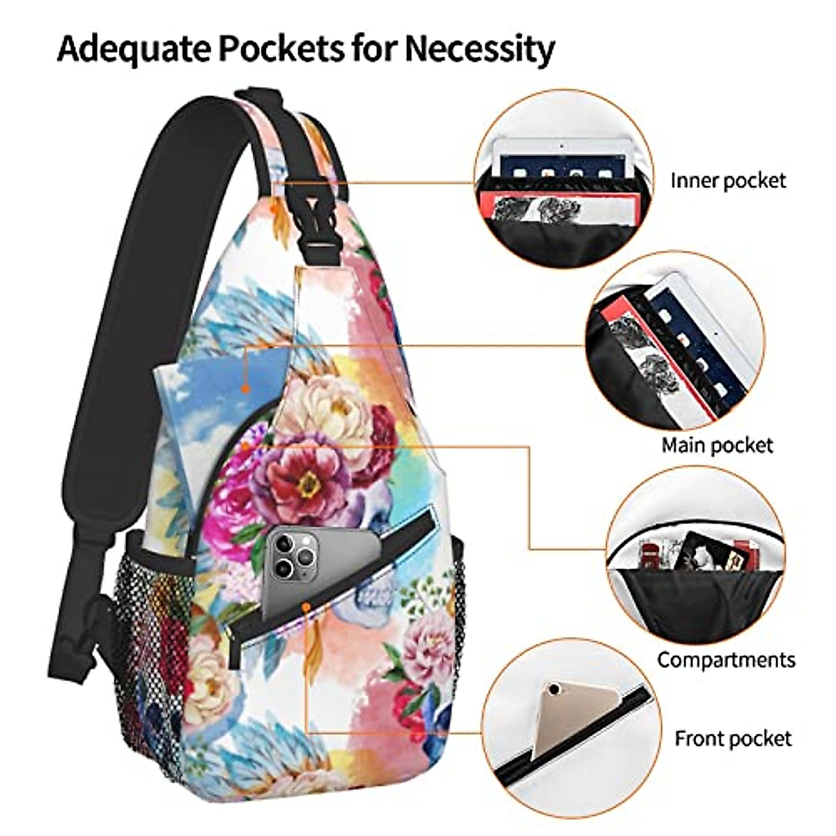 Sling Bag for Men Women, for Sugar Skull Mexcian Pattern, Shoulder Backpack Chest Bags