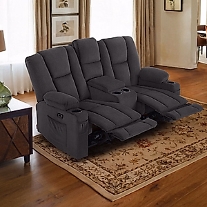 MCombo Fabric Power Loveseat Recliner with Console, Electric Reclining Loveseat Sofa with Heat and Massage, Cup Holders, USB Charge Port for Living Room 6045 (Grey)