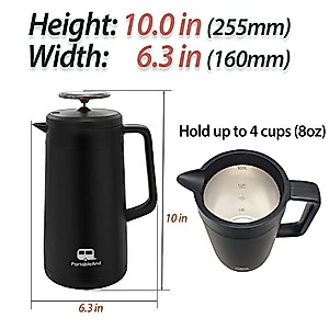 PortableAnd 34oz Double Vacuum Insulation Large Silicone French Press Coffee Maker, 5-Level Filtration, Metal Stainless Steel, Matte Black, Perfect for Camping, Travel, and At-Home Use