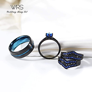 Two Rings His Hers Wedding Ring Sets Couples Matching Rings Women's 2pc Black Gold Plated Blue CZ Wedding Engagement Ring Bridal Sets Men's Tungsten Carbide Band Wedding Band