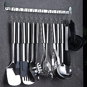 Berglander Kitchen Utensils Set 38 Pieces, Stainless Steel Cooking Utensils Set, Kitchen Gadgets Cookware, Kitchen Tool Set with Utensil Holder Rack And Hooks For Hanging Dishwasher Safe