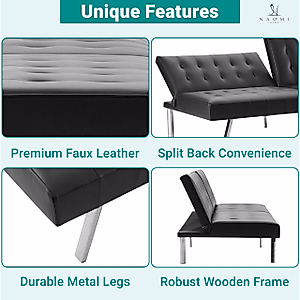 Naomi Home Tufted Split Back Futon Convertible Sofa Bed, Futon Couches for Living Room, Faux Leather Futon Couch Bed with Chrome Legs, Folding, Reclining Small Convertible Sofa Bed, Black