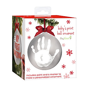 Tiny Ideas Christmas Baby's Handprint Ball Ornament, Included Paint for Baby's Print, Newborrn Holiday Keepsake Gift, DIY Classic Christmas Tree Ornament, Silver