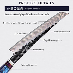 MITSUMOTO SAKARI 8 inch Japanese Kiritsuke Chef Knife, Hand Forged VG-10 Damascus Kitchen Knife, Professional Meat Sushi Chef’s Knife (Blue Resin Handle & Sandalwood Box)