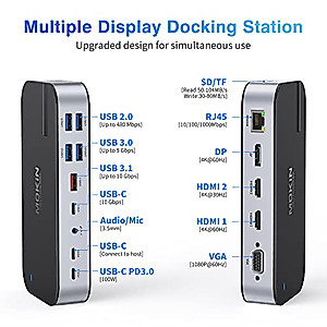 MOKiN Laptop Docking Station 4 Monitors, 16 in 1 USB C Docking Station Triple Monitor, USB C Dock with 2 HDMI, DP, 100W PD, USB 3.1/3.0/2.0, RJ 45 Ethernet, SD/TF, Audio for Dell/HP/Lenovo/Asus/Acer