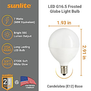 Sunlite G16.5 Light Bulb LED, 7 Watts (60W Equiv.), 500 Lumens, Dimmable, Type G Globe Shape E12 Candelabra Base, Short Bulbs, Vanity Mirror Bulbs, Energy Star, 2700K Soft White, Frosted, 6 Count