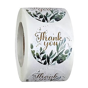 Louise Maelys 1.5 Inch Thank You Stickers for Wedding, Birthday, Bridal, Shower, Packaging, Small Business, Envelope, Gifts, 500pcs Per Roll Round Green Plant Thank You Label Sealing Stickers