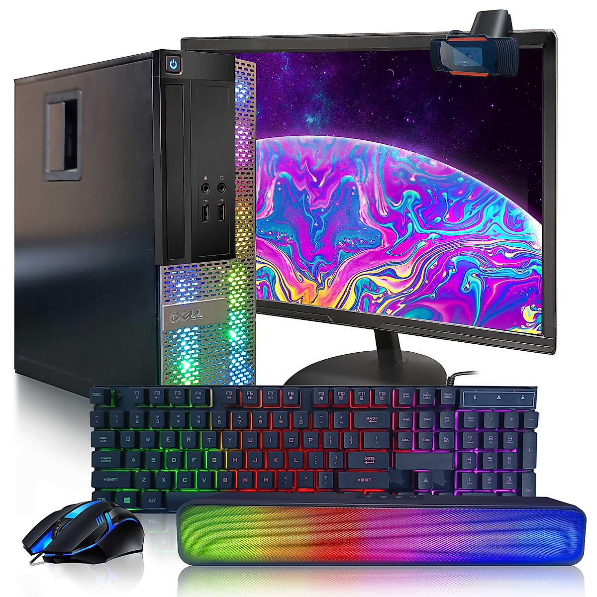 Dell OptiPlex RGB Desktop Computer PC, Intel Core i7 up to 3.8GHz, 16G RAM, 512G SSD, New 22 inch FHD LED Monitor, RGB Keyboard and Mouse, RGB BT Sound Bar, Webcam, WiFi, BT 5.0, W10P64 (Renewed)