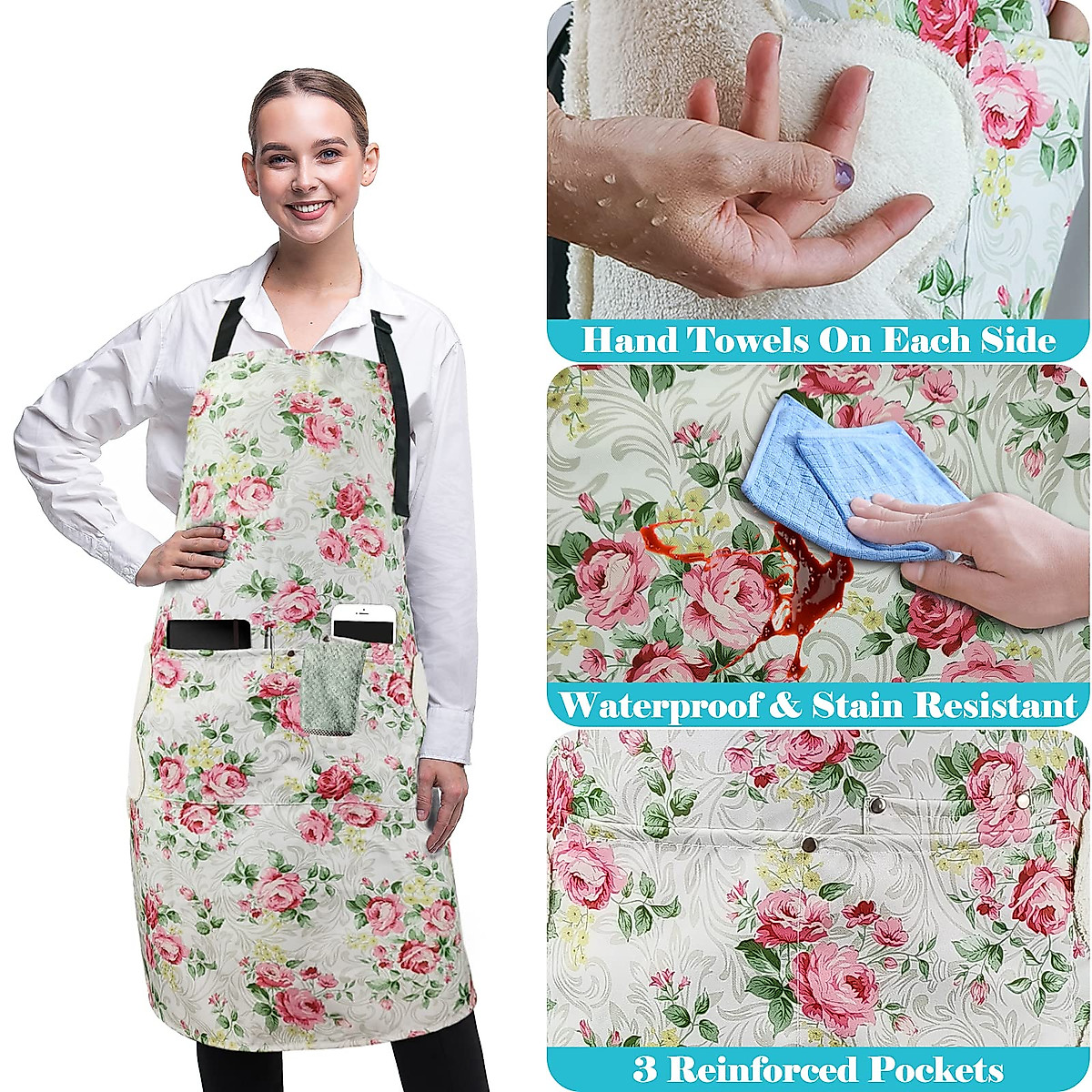 2 Pack Aprons for Women with 3 Pockets, Adjustable Waterproof Kitchen Bib Apron with 2 Towels for Chef Servers Grilling Cooking Baking, Plus Size Rose Flowers Aprons for BBQ Painting Gardening