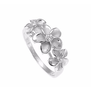Arthur's Jewelry Sterling silver 925 Hawaiian 3 plumeria flower ring cz rhodium plated size 8