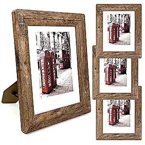 8x10 Picture Frames Set, Set of 4 Wooden Picture Frames Real Tempered Glass and Composite Wooden Rustic Rounded Corners Photo Display for Tabletop Wall Mount with Hanging Hardware and Stand (Brown)