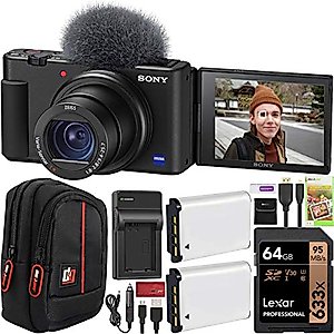 Sony ZV-1 Compact Digital Vlogging 4K HDR Video Camera for Content Creators & Vloggers DCZV1/B Double Battery Bundle with Deco Gear Case + 64GB Card + External Charger and Accessories