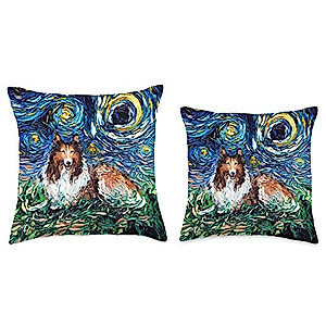 Sagittarius Gallery Standard Rough Collie Starry Night Dog Animal Art by Aja Throw Pillow, 18x18, Multicolor