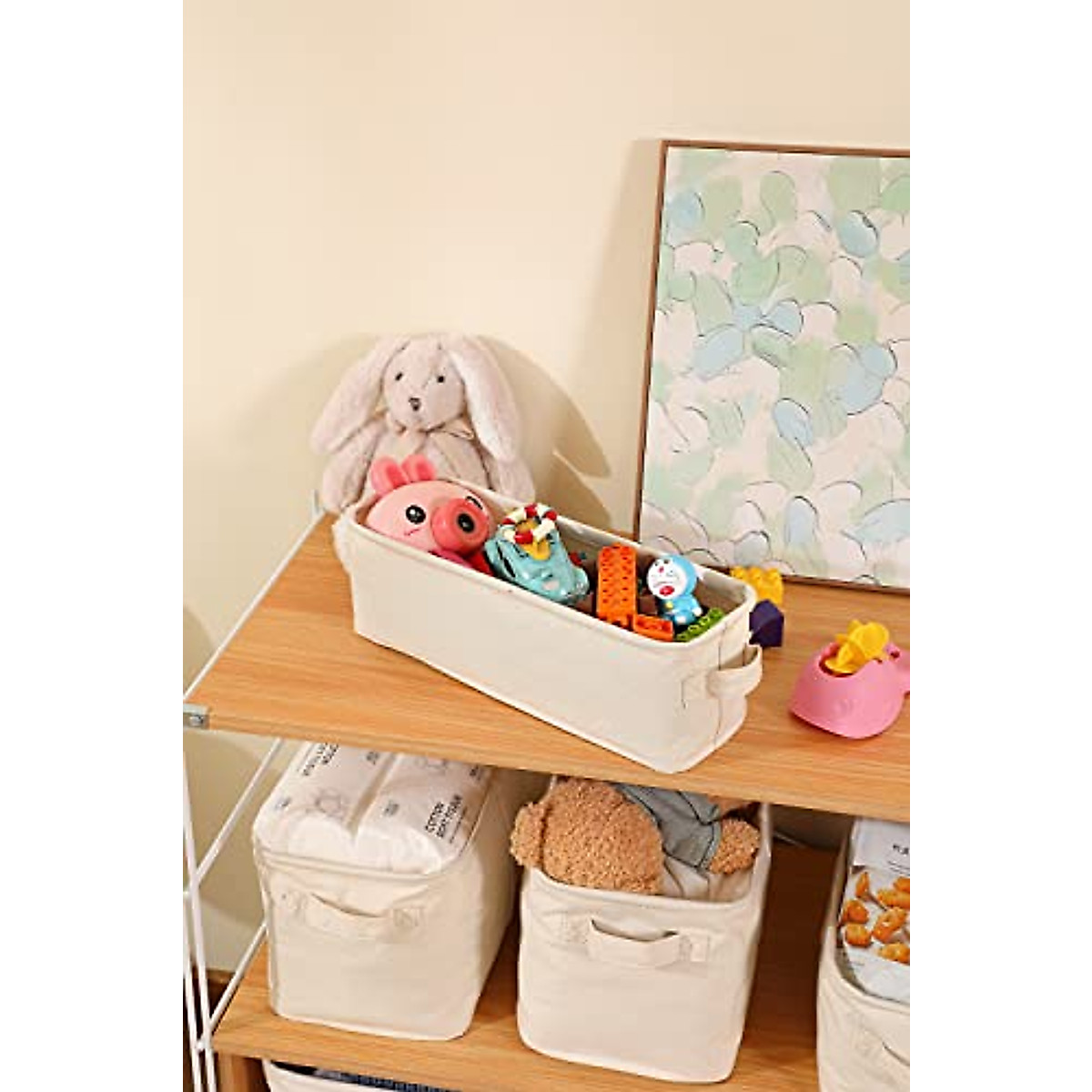 YONBEN Decorative Basket Rectangular Fabric Storage Bin Organizer Basket with Handles for Clothes Storage (14.5 x 10.2 x 6.2, Beige)