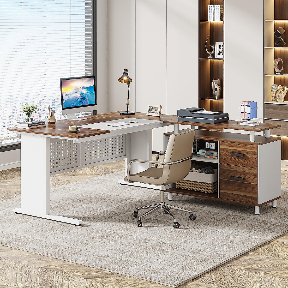 Tribesigns 63 Inch Executive Desk with File Cabinet, Large Office Desk L Shaped Computer Desk with Drawers and Storage Shelves, Business Furniture Desk Workstation for Home Office, White and Walnut