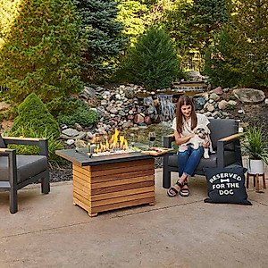 Outdoor GreatRoom Co Propane Fire Pit Table - Darien Gas Fire Pits for Outside Patio - 44 Inch Rectangular Everblend Concrete Firepit Fire Table, Wood Base, Glass Tabletop Cover, 55,000 BTU - Black