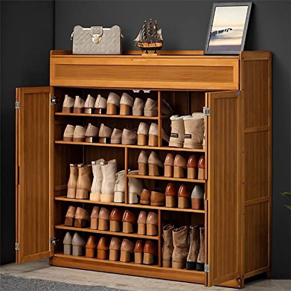 Gdrasuya10 Bamboo Entryway Shoe Storage Cabinet with 2 Folding Doors, 7 Tier Shoe Rack Organizers Shoe Cabinet for Shoes Boots Slippers Sneakers Large Capacity for Home (46" L)