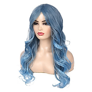 Beweig Blue Wig for Women Long Curly Wavy Pastel Blue Wig Side Part Synthetic Halloween Cosplay Wig with Wig Cap …