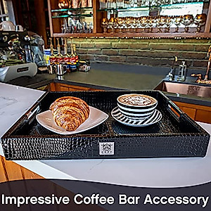 COZY GATHERINGS Leather Decorative Tray Glossy Black Crocodile Alligator with Shiny Metal Handles Storage Serving Trays for Coffee Table, Dinning, Kitchen, Ottoman, Living Room & Modern Home Décor