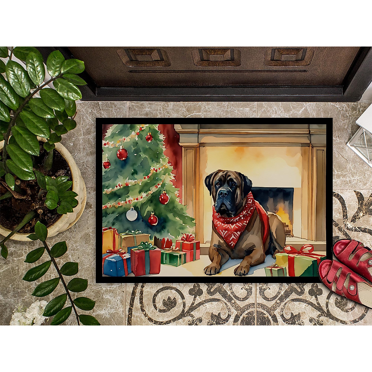 Caroline's Treasures DAC2625JMAT Bullmastiff Cozy Christmas Doormat Front Door Mat Indoor Outdoor Rugs for Entryway, Non Slip Washable Low Pile, 24H X 36W
