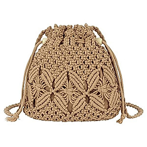 Meyaus Women Small Cotton Crochet Crossbody Bag Summer Beach Drawstring Shoulder Bag Purse