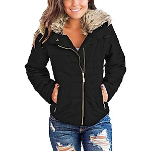 Vetinee Women Casual Faux Fur Lapel Zip Pockets Quilted Parka Jacket Puffer Coat Coatigan Jackets for Women Black Large (Fits US 12-US 14)