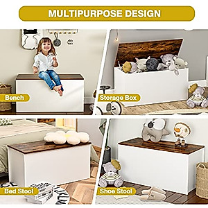 Costzon Kids Toy Box Storage Chest, Wooden Children Storage Bench Ottoman Trunk w/Flip-top Lid, 35.5” Wide Toddler Cabinet Organizer w/Pneumatic Rod for Kids Play Room Nursery (Rustic Brown + White)