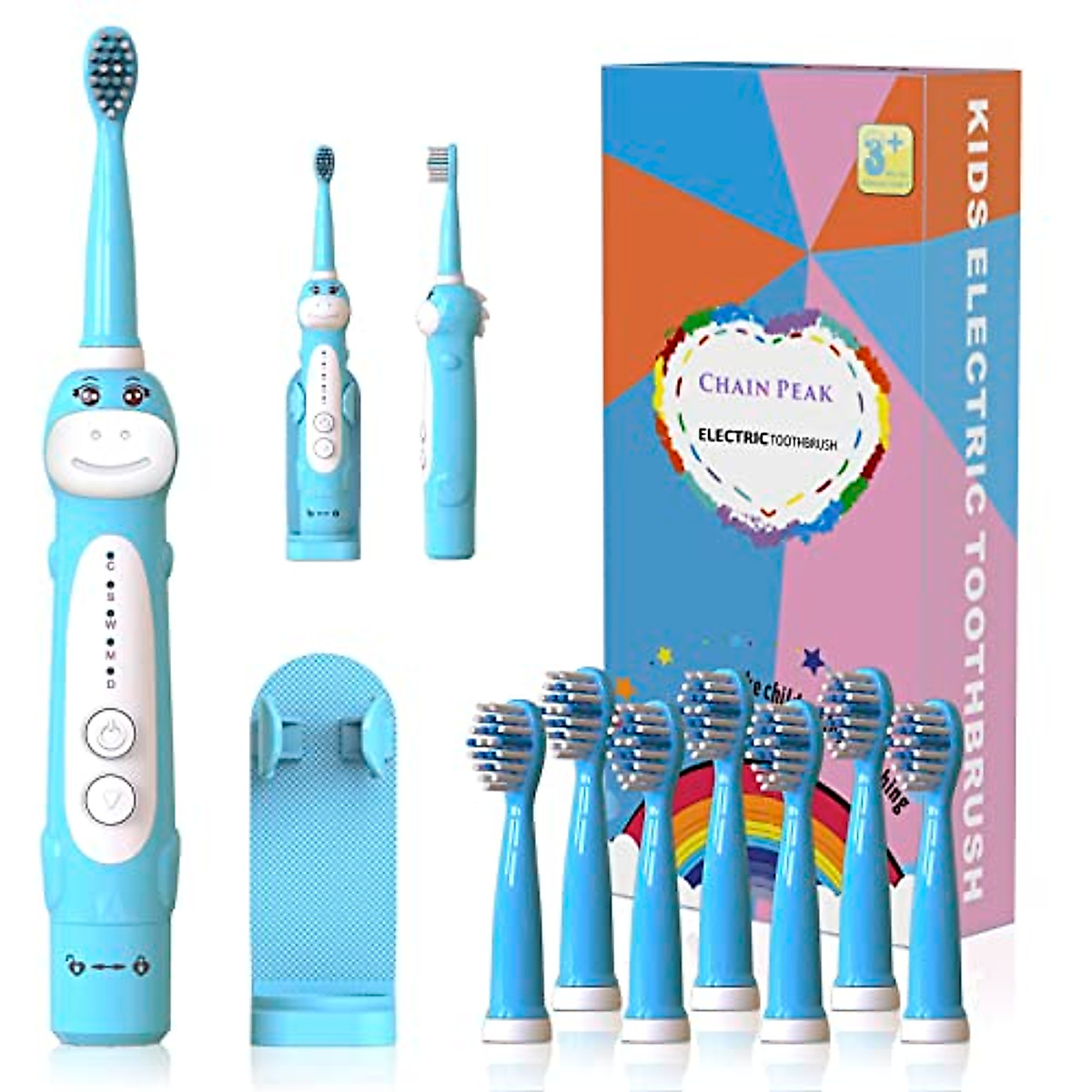 CHAIN PEAK Dinosaur Toothbrush, Kids Sonic Electric Toothbrush for Children, Toddlers Boys Girls Age 3-12 with 30s Reminder, 2 Mins Timer, 5 Modes, 8 Brush Heads