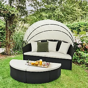 Tangkula Outdoor Patio Round Daybed with Retractable Canopy, Black Rattan Wicker Furniture Sectional Seating with Cushions and Throw Pillows, Seating Separates Cushioned Seats for Backyard (Off White)