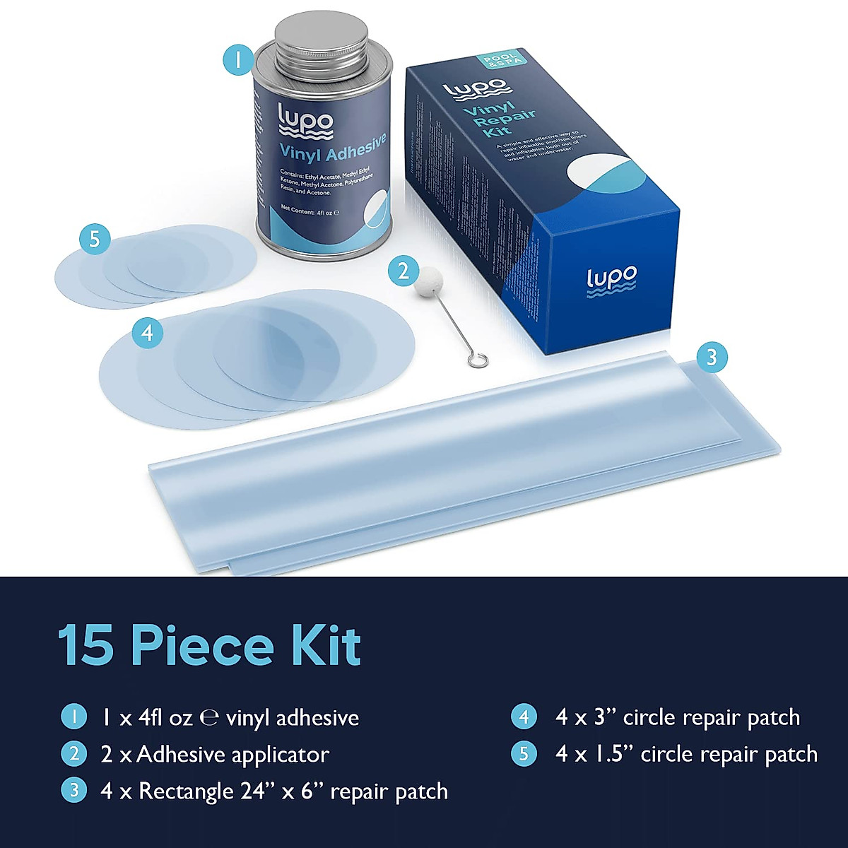 Lupo 4 fl. oz. 15 Piece Heavy Duty Vinyl Repair Kit for Above Ground Swimming Pool Liners, Hot Tubs, Inflatables, Air Beds (Repair Patches, Glue and Application Tool)