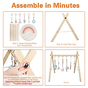 YSSKTC Wooden Baby Play Gym with Mat, Toddler Activity Gym with 6 Hanging Sensory Toys & Mirror, Sturdy Foldable Baby Play Gym Frame for Tummy Time Mat, Newborn Gift for Baby Girls and Boys Gym