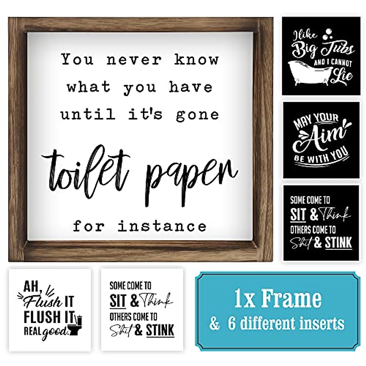COM-PAD Funny Farmhouse Bathroom Decor Signs - 6 Interchangeable Wall Decorations w/ Hilarious Sayings and Rustic Frame - Instantly Create a Fun Filled Bathroom In Your Home