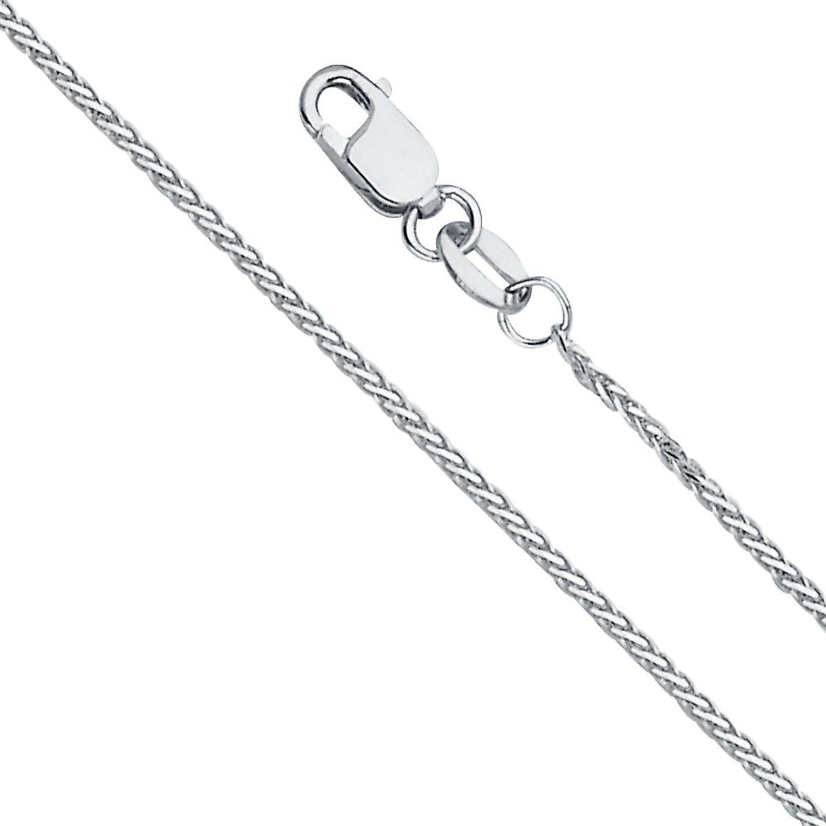 The World Jewelry Center 14k REAL White Gold 1mm Diamond Cut Round Wheat Chain Necklace with Lobster Claw Clasp - 16"