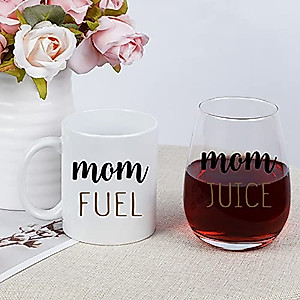 Mom Fuel Ceramic Coffee Mug＆Mom Juice Stemless Wine Glass Set of 2, Funny Mom Coffee Mug 11Oz Wine Glass 15Oz - Mother’s Day Gifts for Mom New Mom First Mom Wife, Christmas Birthday Gift from Kids