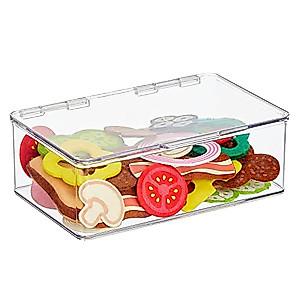 mDesign Plastic Playroom and Gaming Storage Organizer Box Containers with Hinged Lid for Shelves or Cubbies, Holds Small Toys, Building Blocks, Puzzles, Markers, Controllers, or Crayons, 4 Pack, Clear