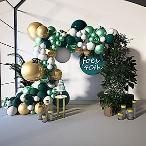 Soonlyn Jungle Party Decorations Balloon Garland Arch Kit 125 Pcs, Double Stuffed Emerald Green Gold Matellic White Balloons with Large Leaves for Safari Birthday Party Decorations Baby Shower