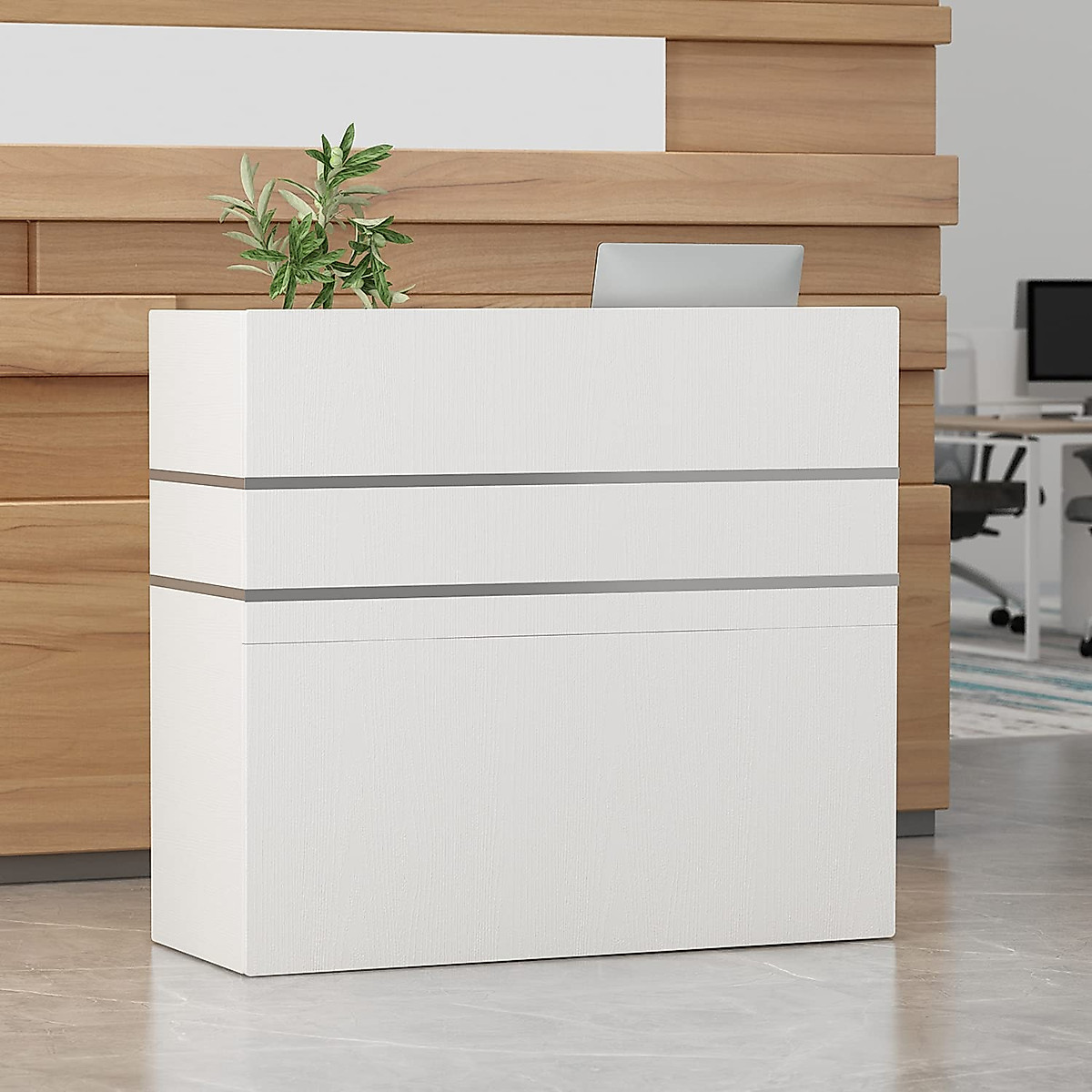 Homsee Modern Reception Desk with 3 Drawers, 1 Door Storage Cabinet & Hutch Shelf, Office Wooden Computer Desk, Writing Study Table PC Laptop Desk, White (47.3" L x 18.3" W x 43.3" H)
