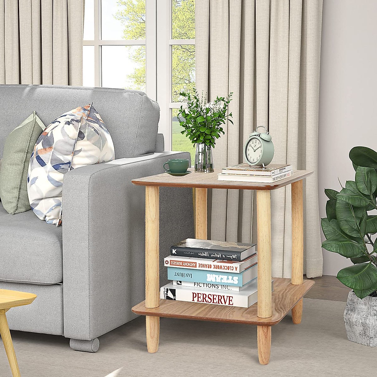 ECOMEX Patio Side Table, Outdoor End Table for Patio with 2-Tier Open Storage Shelf Wood Frame Side Table Rectangular Patio Side Table for Outdoors, Easy Assembly Natural Wood 1Pc