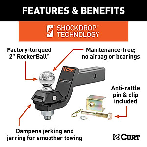 CURT 45143 RockerBall Cushion Hitch Ball Mount, 7,500 lbs 2-Inch Diameter, 2-in Shank, 3" Drop, Anti-Rattle Pin