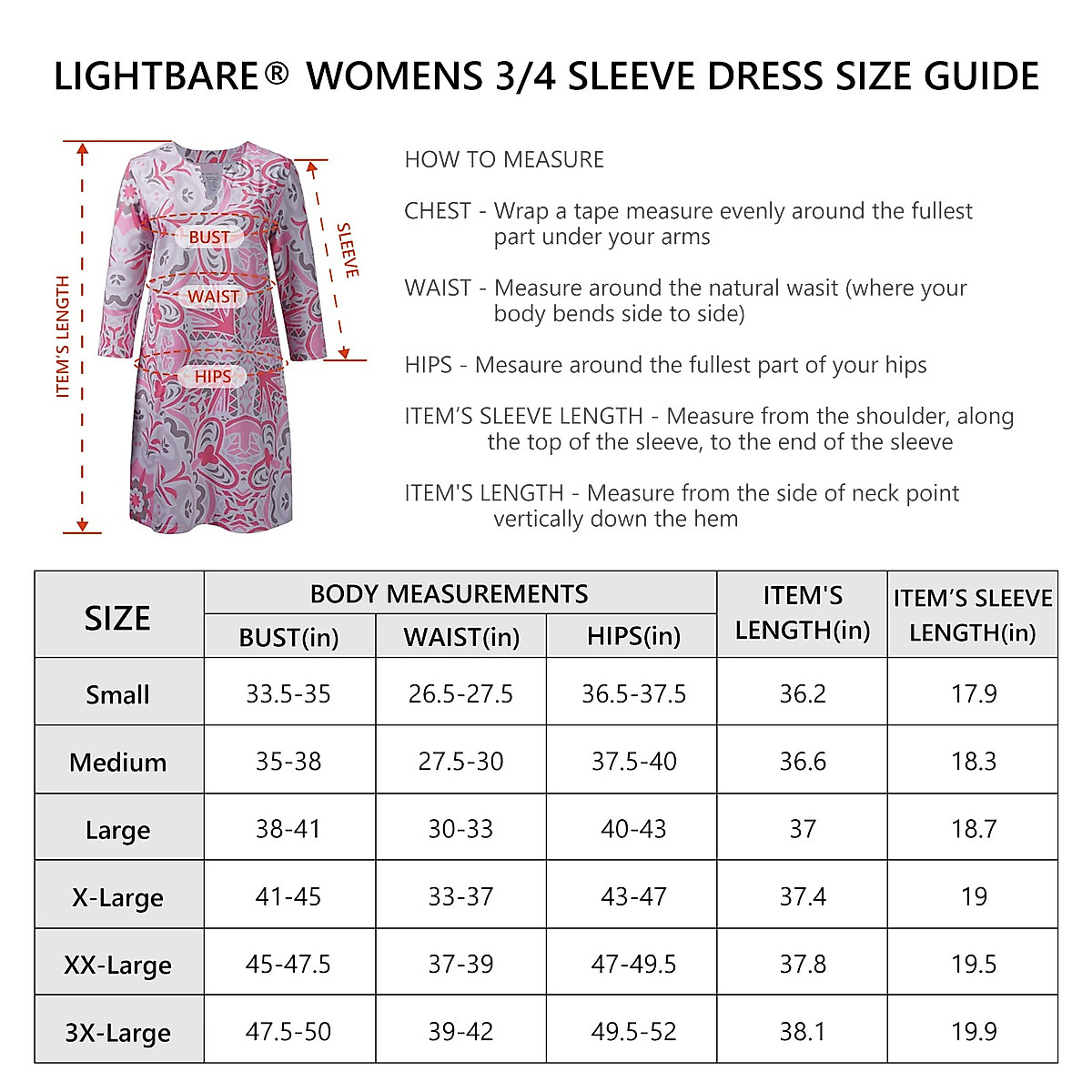 Lightbare Women’s 3/4 Sleeve Dress with Pockets UPF 50+ Casual Sun Dress Breathable Quick Dry for Beach Hiking Outdoors Party