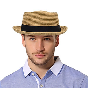 Pork-Pie-Hat-for-Men-Women Straw-Boater-Hat - Classic Boater Derby Sun Hats with Grosgrain Band Khaki