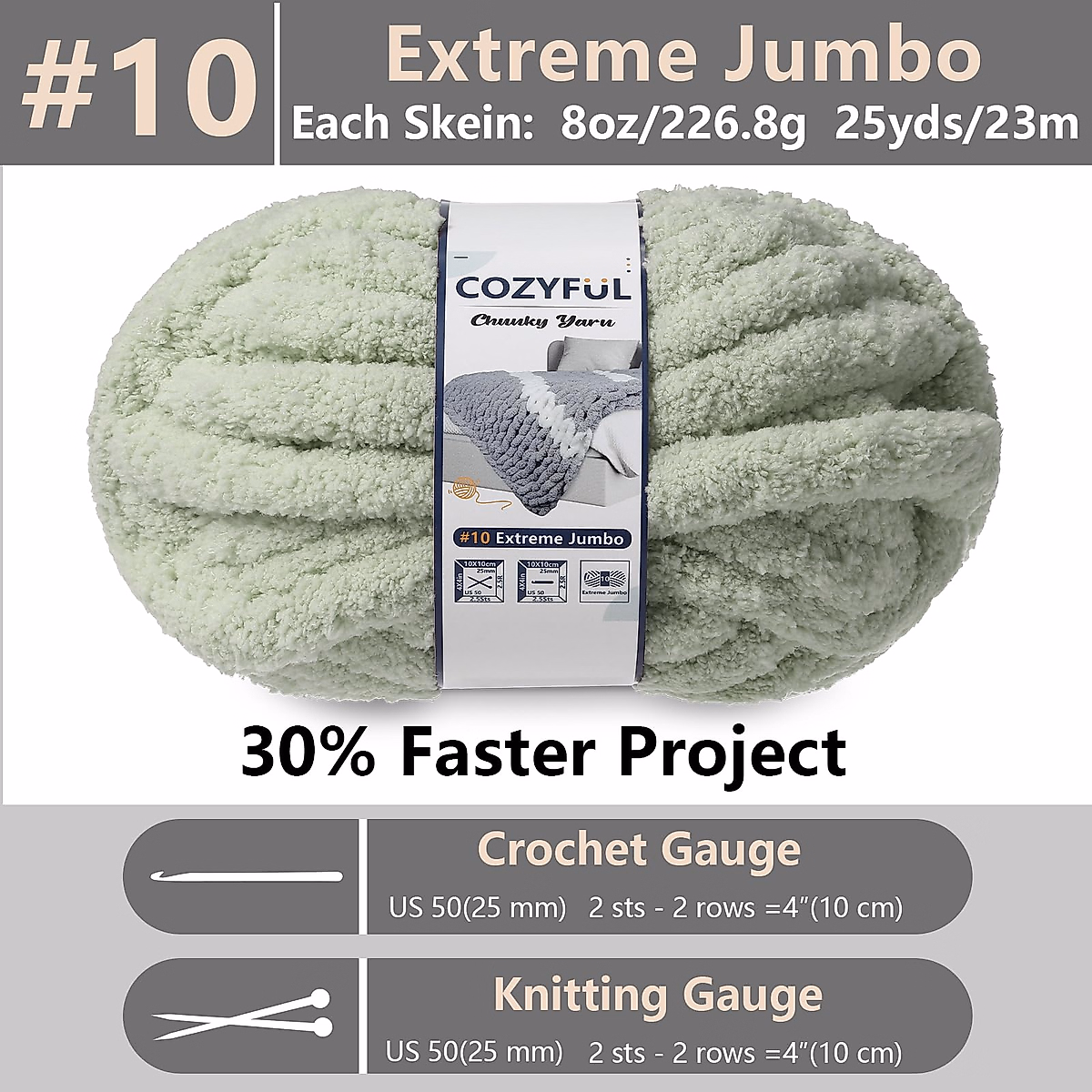 Chunky Yarn for Hand Knitting - Cozyful #10 Chunky Chenille Yarn, Jumbo Big Thick Chunky Yarns for Crocheting, Super Bulky Chunky Knit Blanket Yarns, 8 Skein (25 yds 8 oz Each Skein), Sage Green