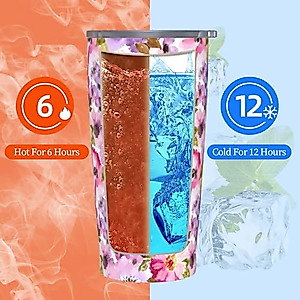 20oz Tumbler Watercolor Flower Pattern Double Wall Vacuum Insulated Coffee Mug with Lid and Metal Straw Brush Reusable Stainless Steel Water Bottle Travel Cup Gifts for Car Ice Drinks Hot Beverage