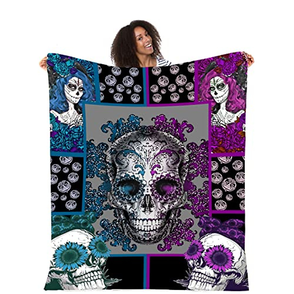 Throw Blanket for Women Men Purple Sugar Skull Warm Soft Sherpa Fleece Bed Throw Tapestry Blanket Gift for Christma 80"x60" Travel Blanket Cover Bedroom Decor Blankets Quilt